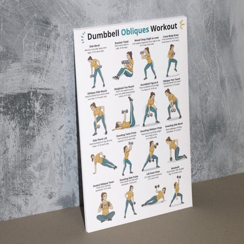 Dumbbell Obliques Workout Poster, Dumbbell Core Exercises Printable ...