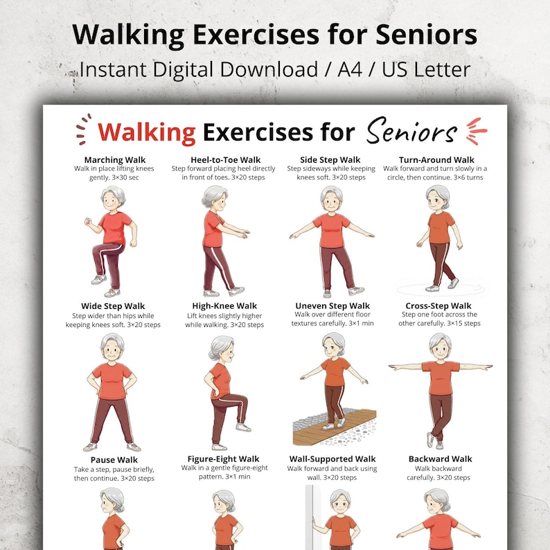 Walking Exercises for Seniors Printable Chart, Indoor Low Impact Home ...