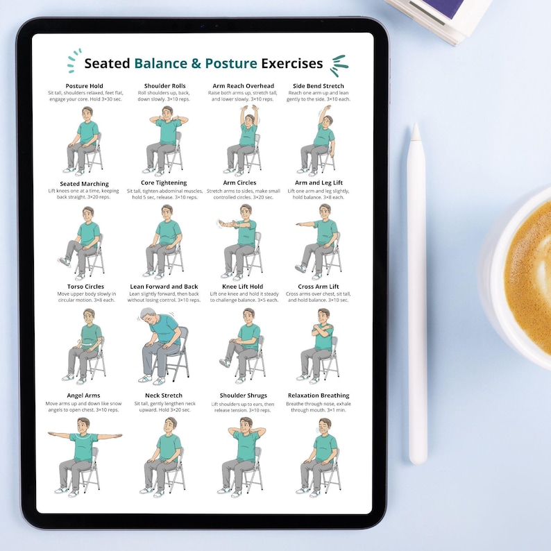 Seated Balance & Posture Exercises - Chair Workout Chart for Seniors ...