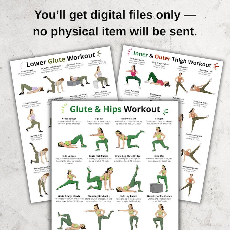 Glute, Hips & Thigh Workout Posters Set for Women, Lower Body Exercise ...