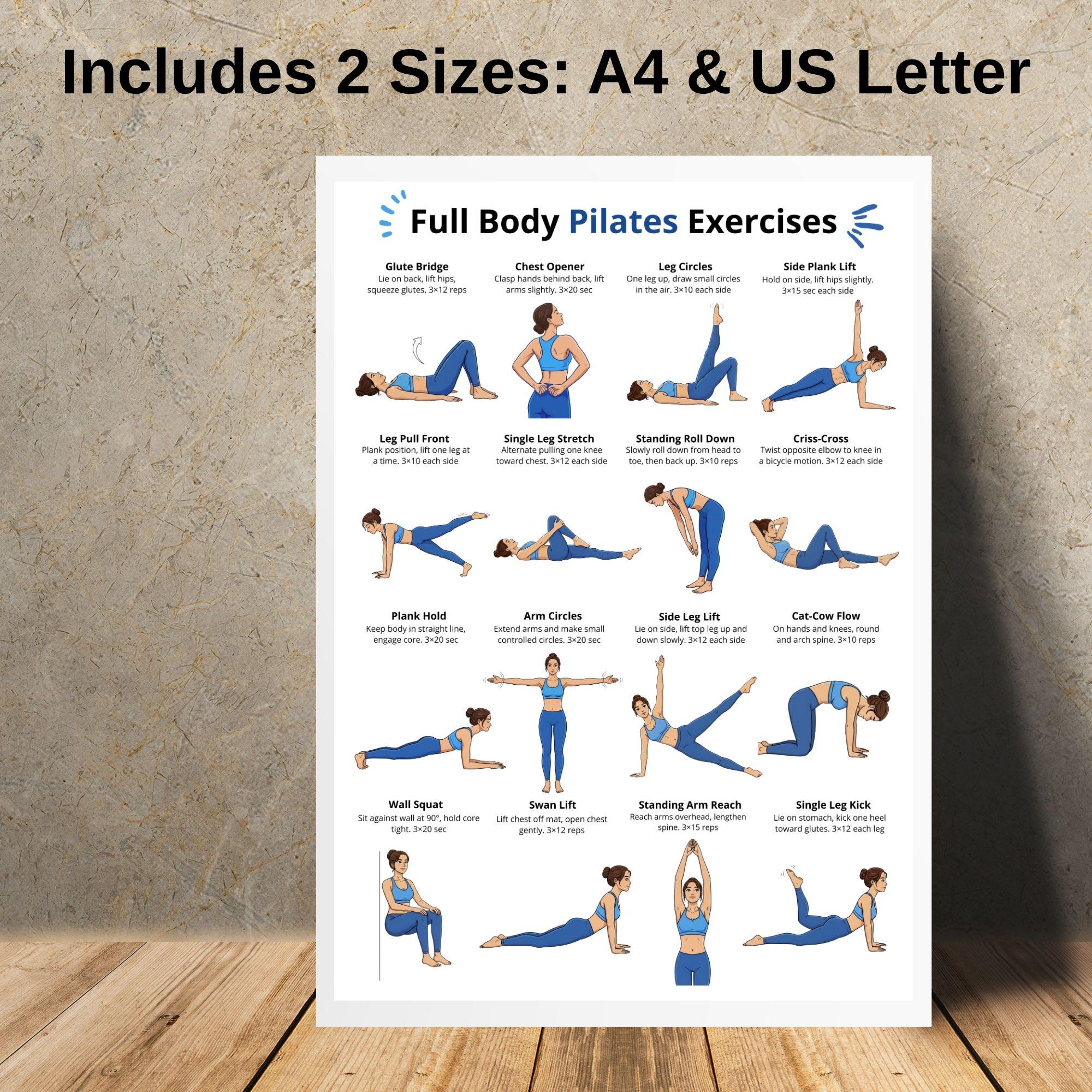 Full Body Pilates Exercises Chart | Beginner Home Workout Poster for ...