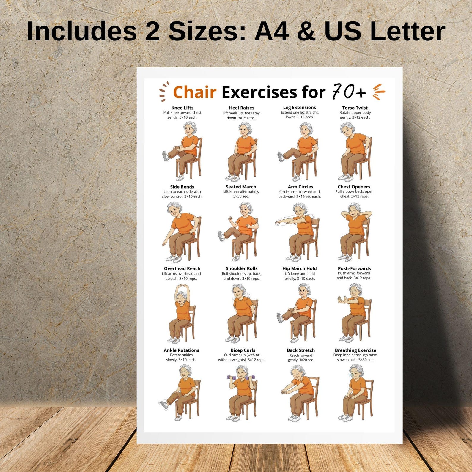 Chair Exercises for 70+ Printable, Senior Seated Routine Chart, Low ...