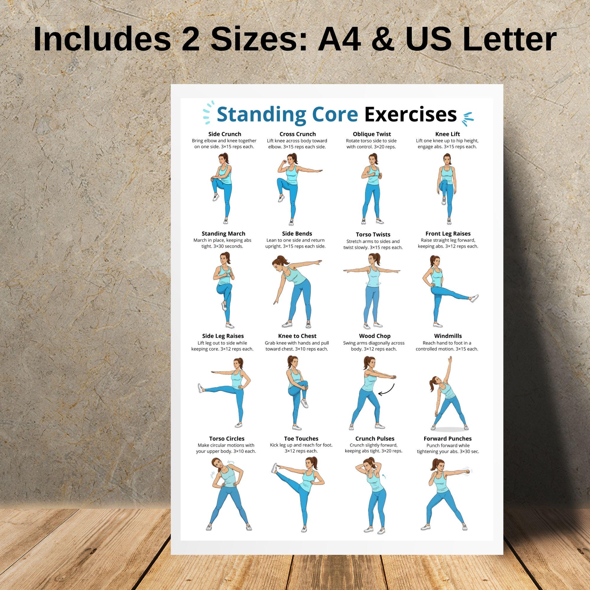 Standing Core Exercises Chart | Gentle Standing Ab and Oblique Workout ...