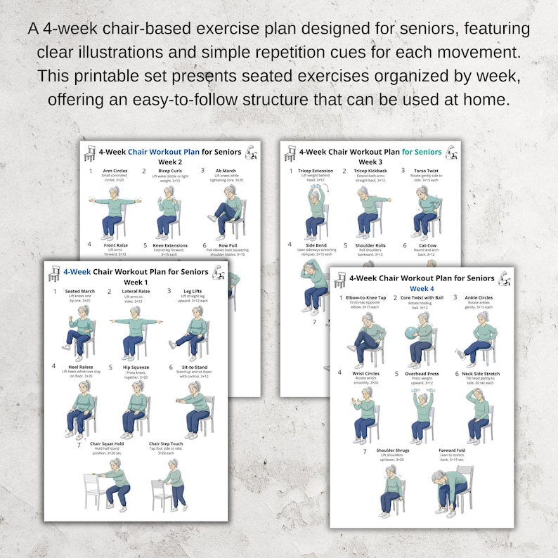 Chair Workout for Seniors, 4 Week Chair Exercise Chart Printable ...
