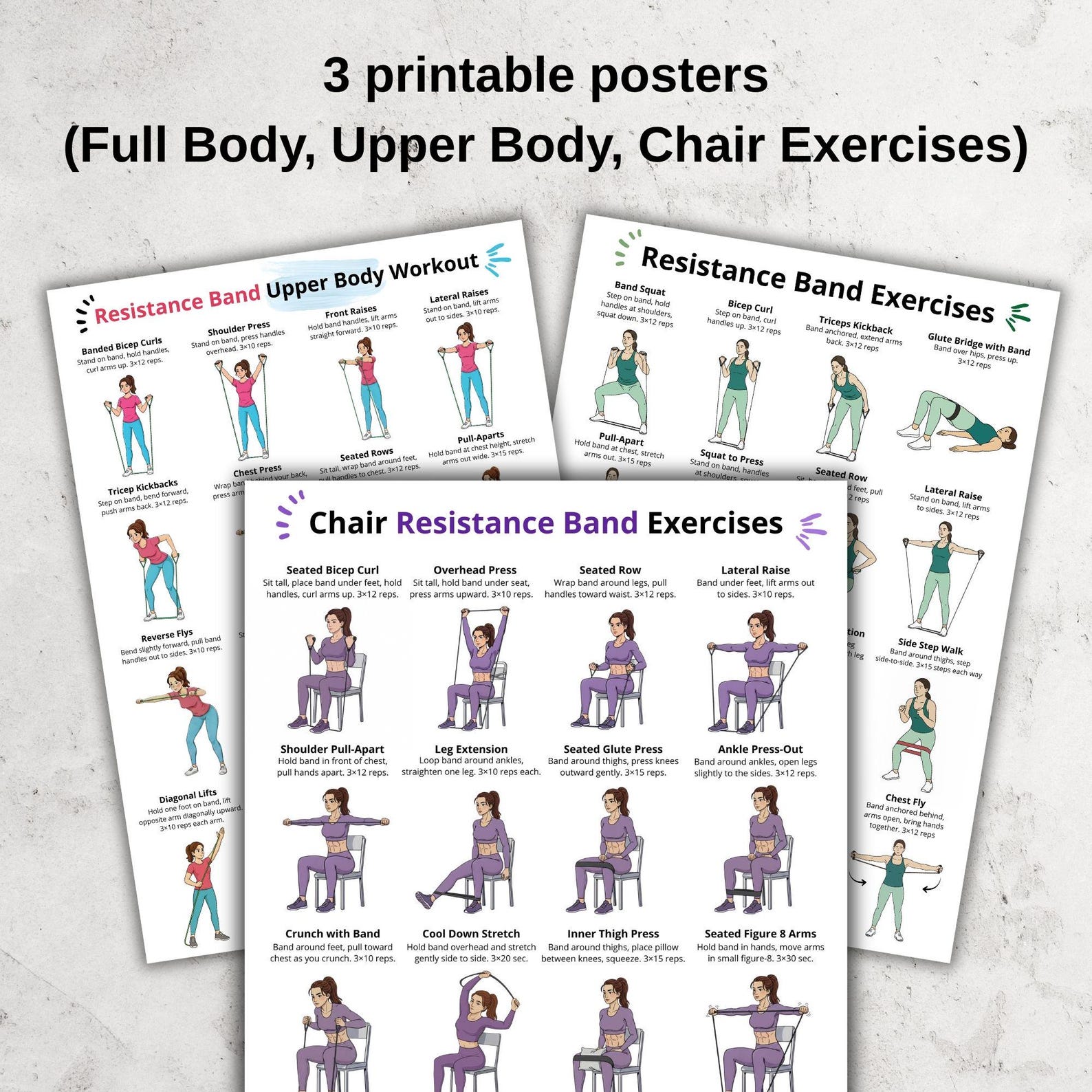 Resistance Band Workout Poster Set Printable - Full Body, Upper Body ...