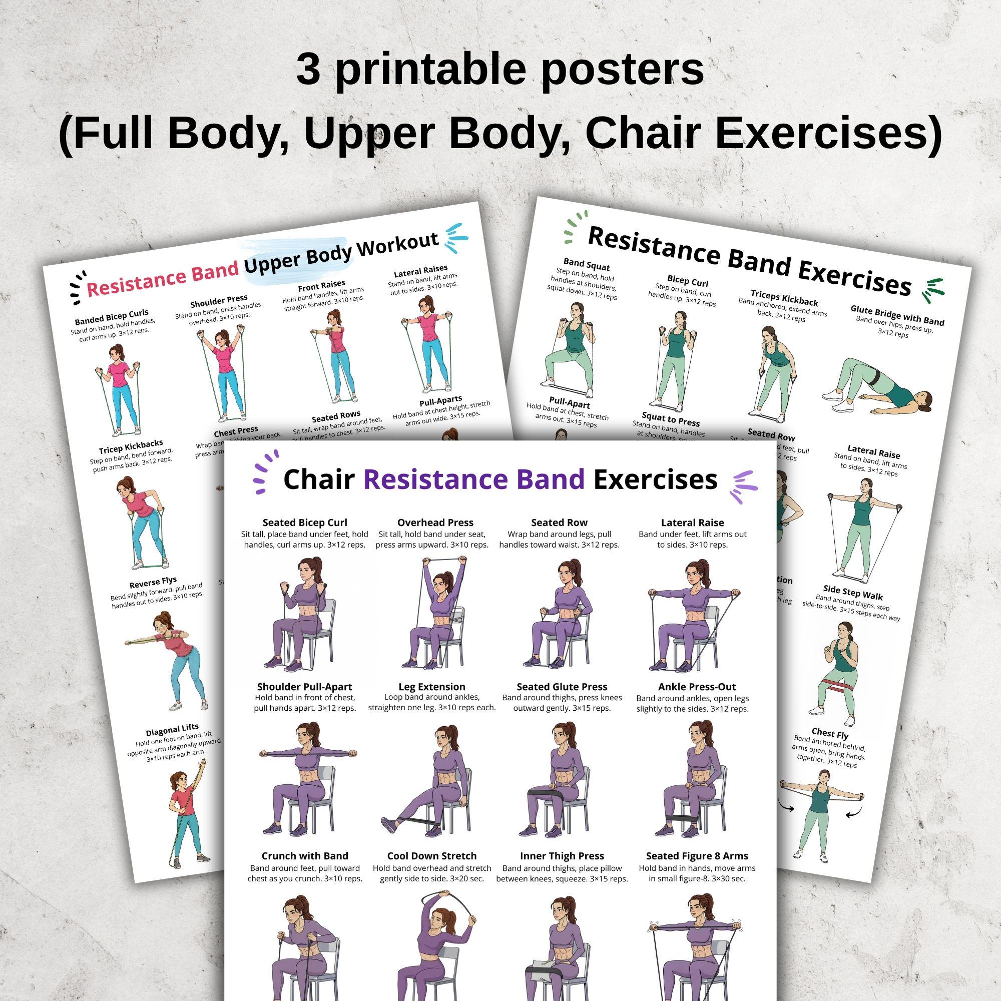 Resistance Band Workout Poster Set Printable - Full Body, Upper Body ...