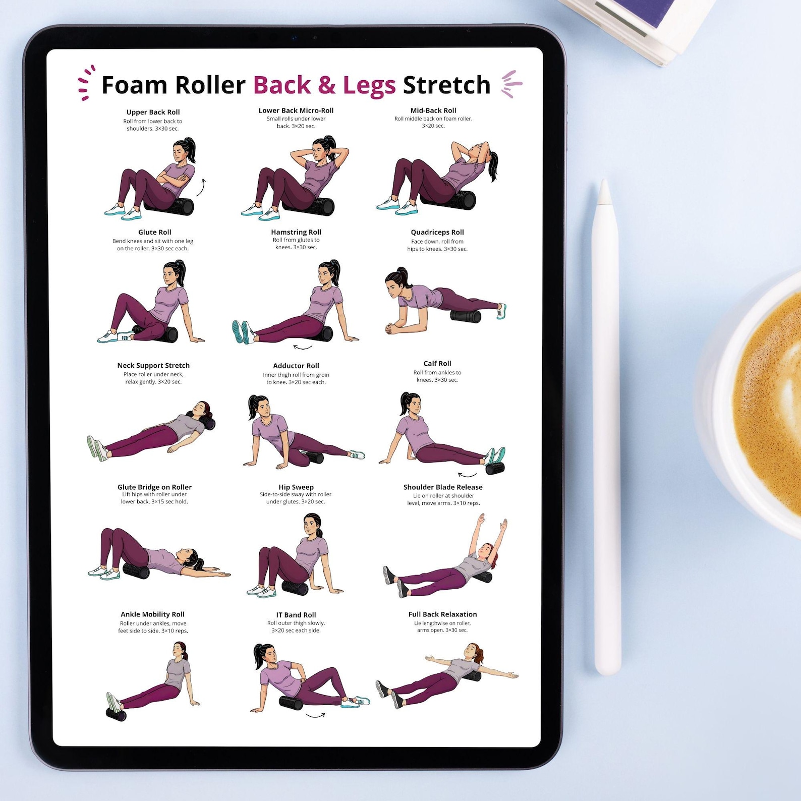 Foam Roller Back & Legs Stretch Poster, Printable Foam Roller Exercises ...