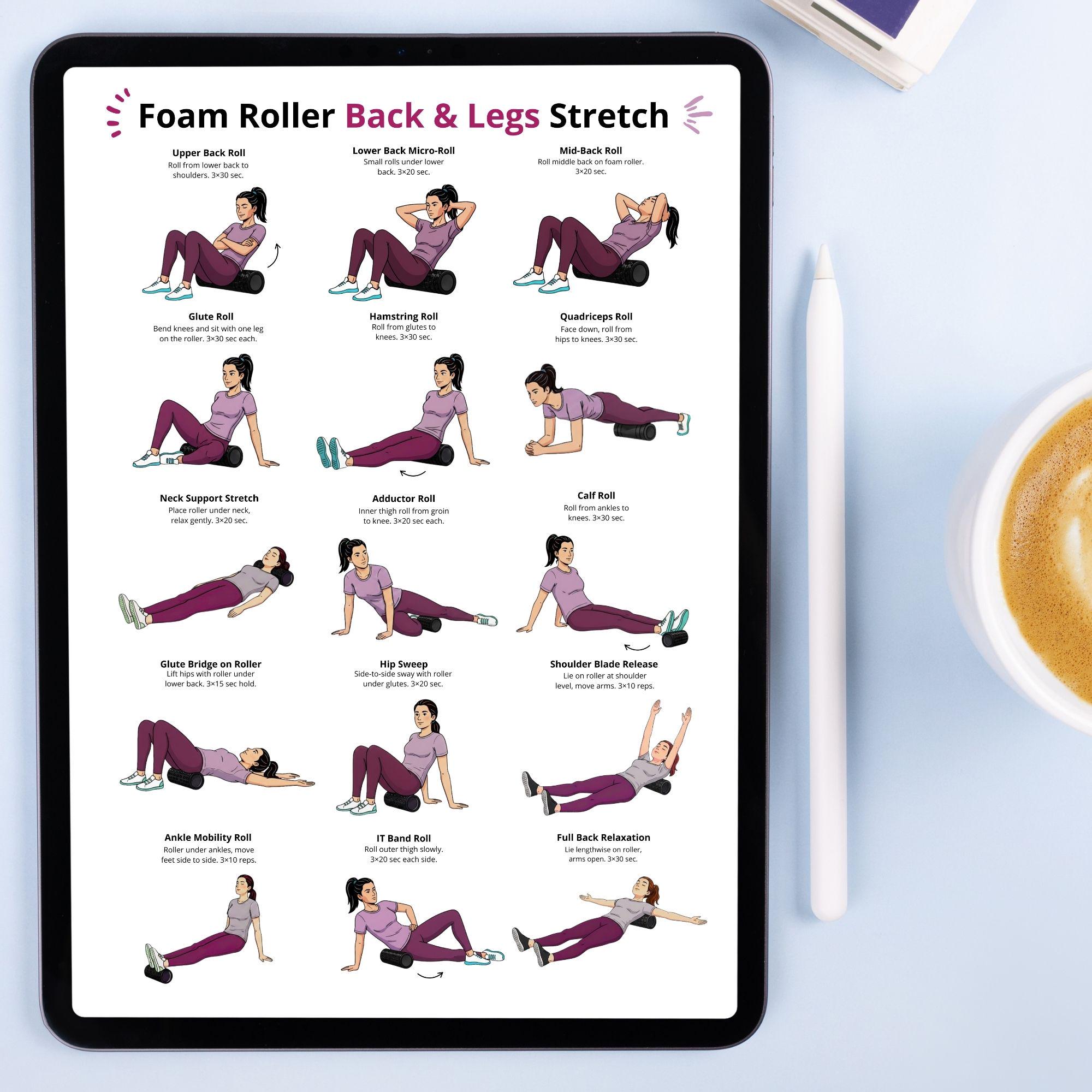 Foam Roller Back & Legs Stretch Poster, Printable Foam Roller Exercises ...