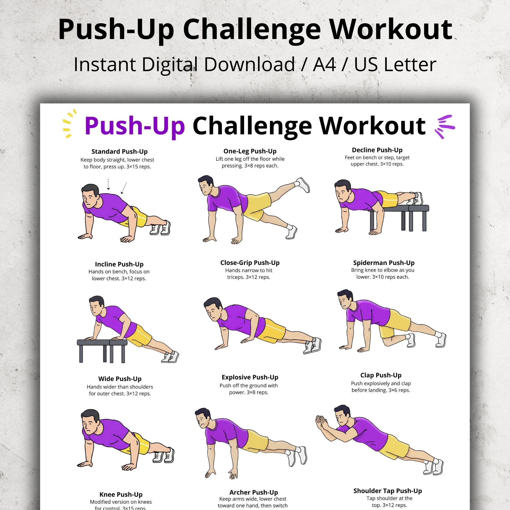 Push-up Challenge Workout Poster, Bodyweight Exercise Chart Printable ...