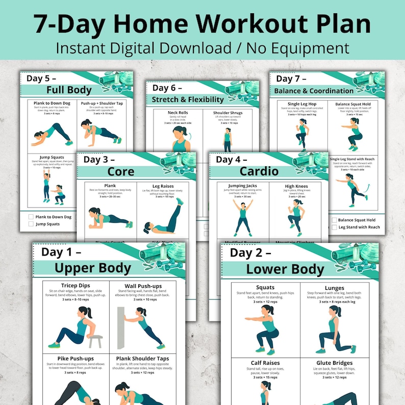 7-day Home Workout Plan for Women – Printable Exercise Chart, Full Body ...