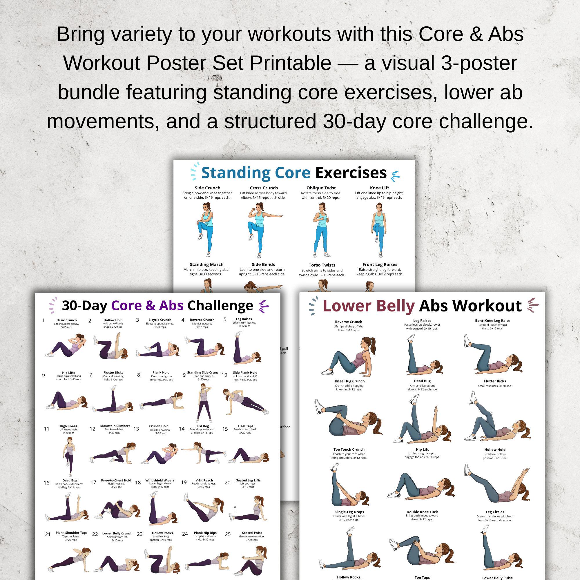 Core & Abs Workout Charts Set, Standing Core Exercises, Lower Belly Abs ...