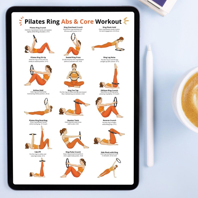 Pilates Ring Abs & Core Workout Poster, Pilates Ring Exercise Chart ...