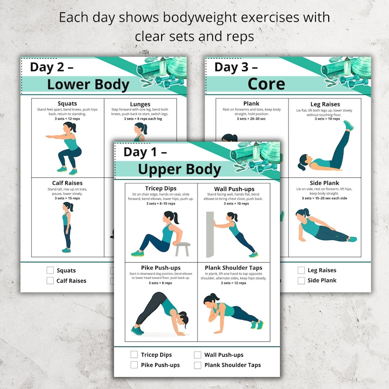 7-day Home Workout Plan for Women – Printable Exercise Chart, Full Body ...
