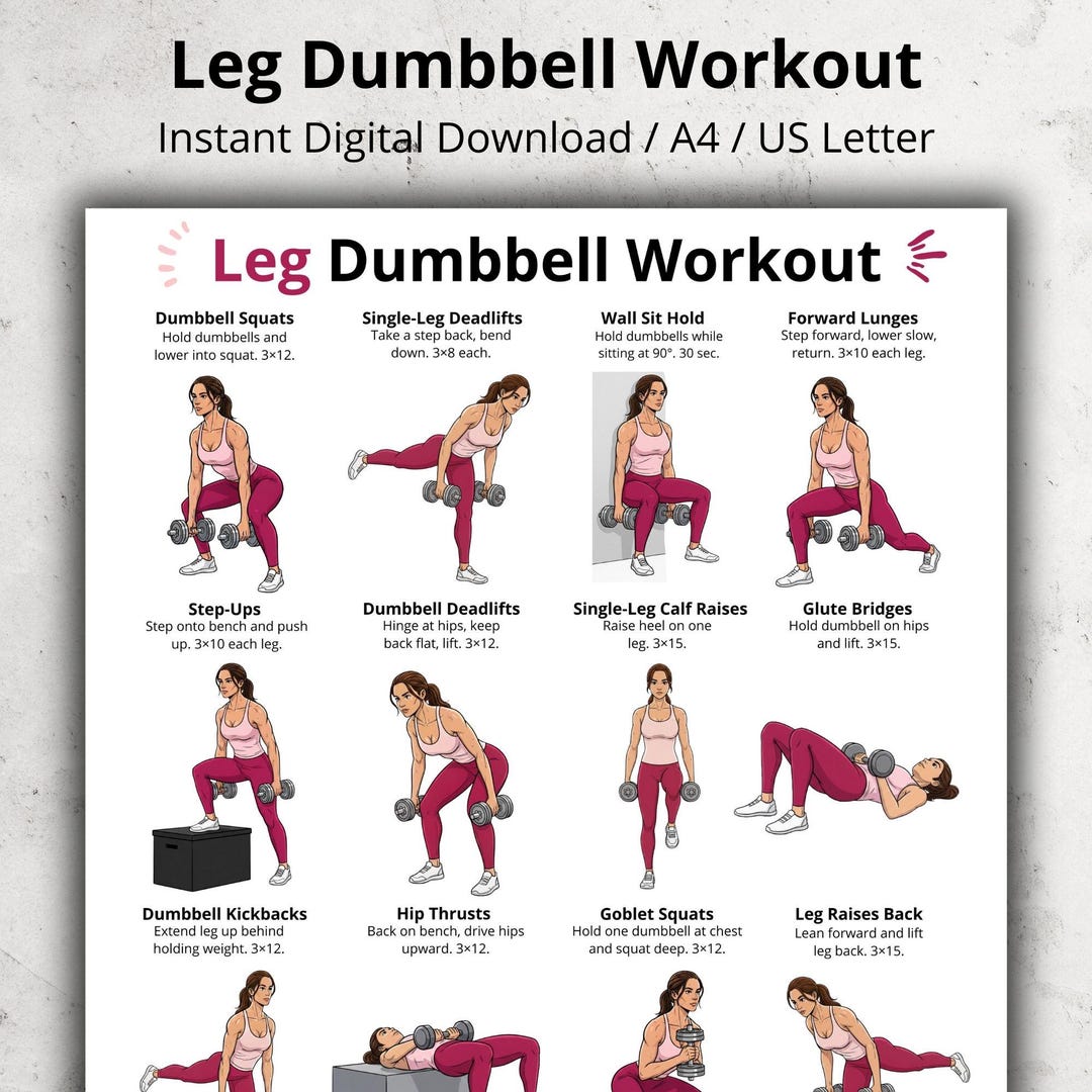 Leg Dumbbell Workout Poster, Leg Day Exercises Printable, Dumbbell Leg ...