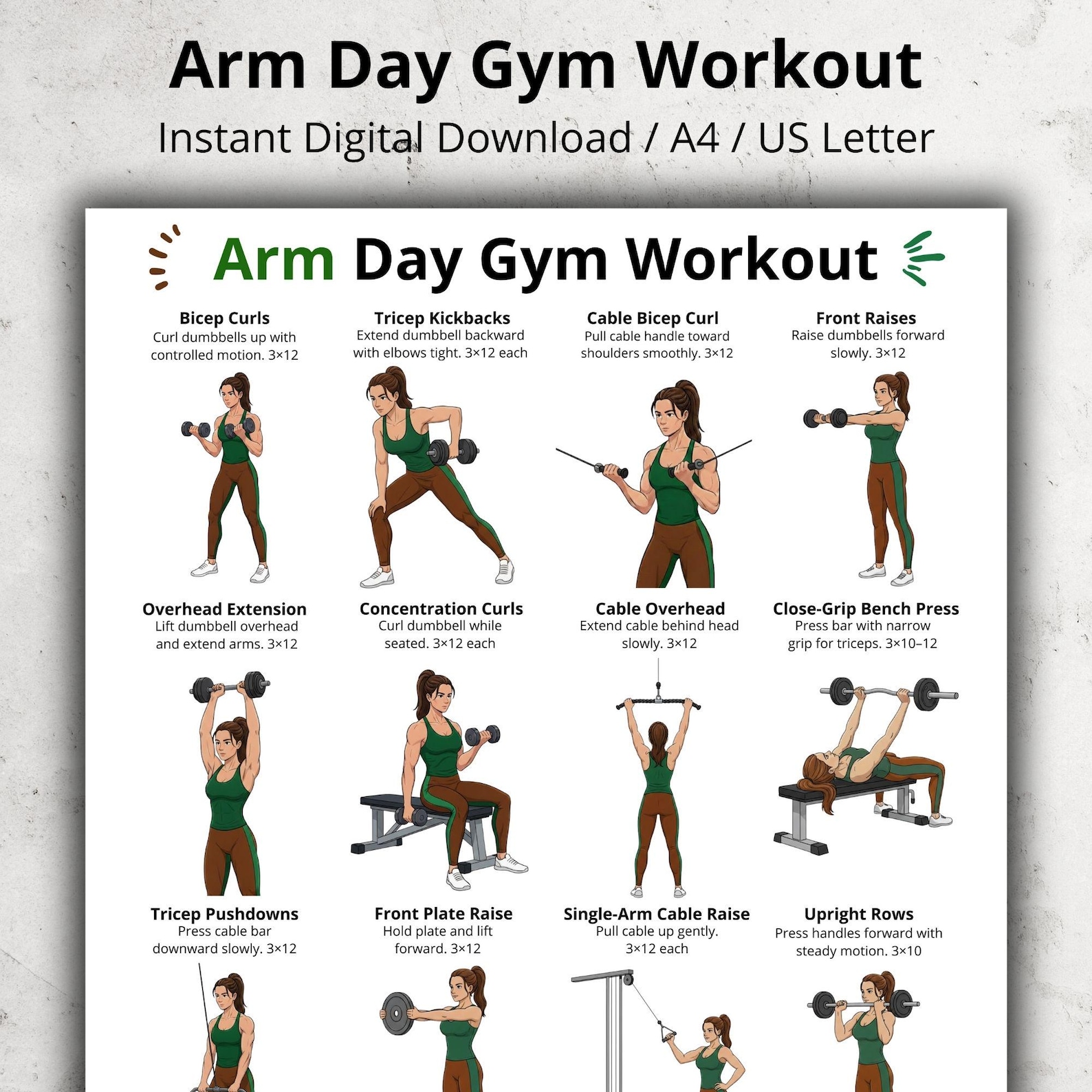 Arm Day Gym Workout Poster, Bicep & Tricep Exercises Chart Printable ...