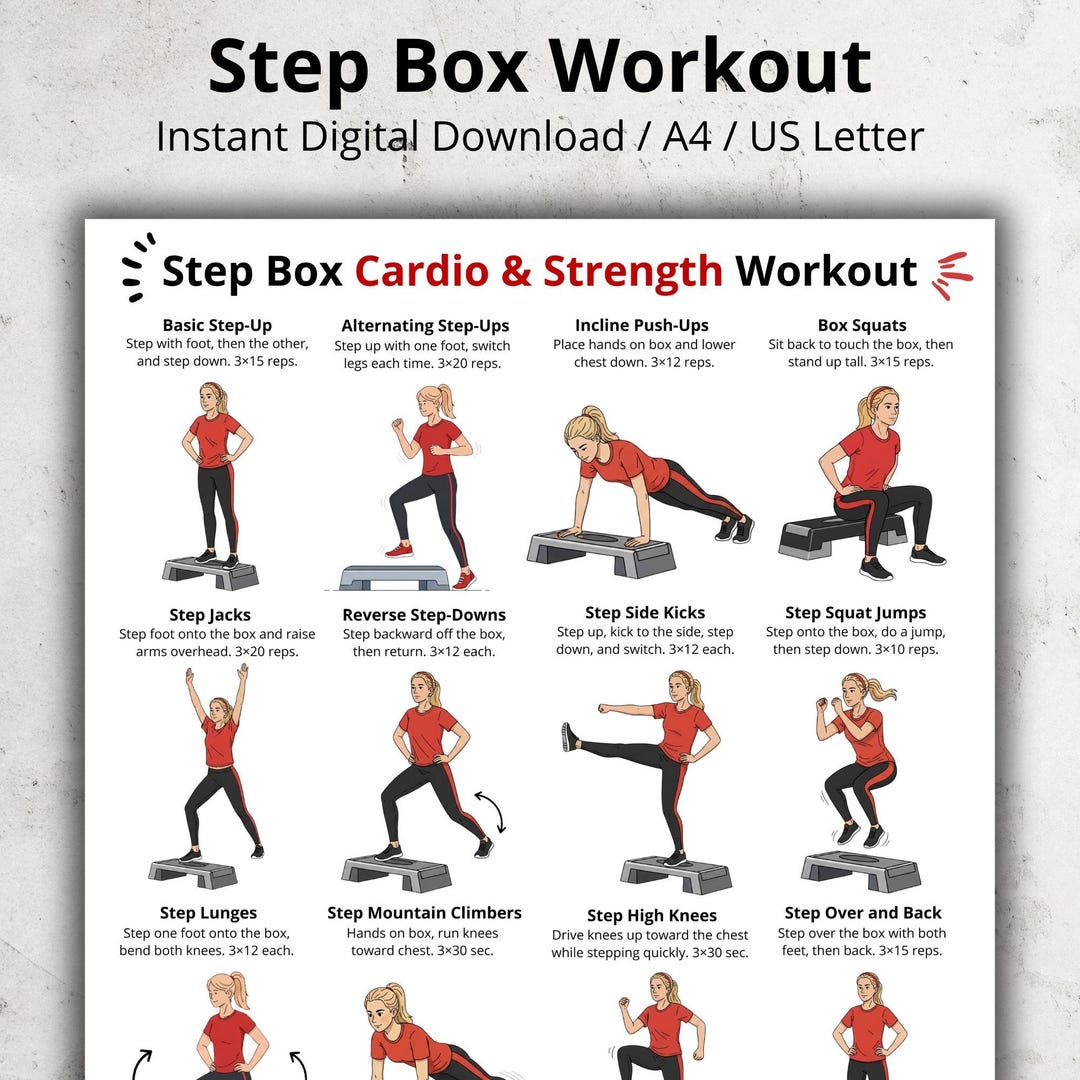 Step Box Workout Poster PDF, Aerobic Step Cardio Exercises Chart ...