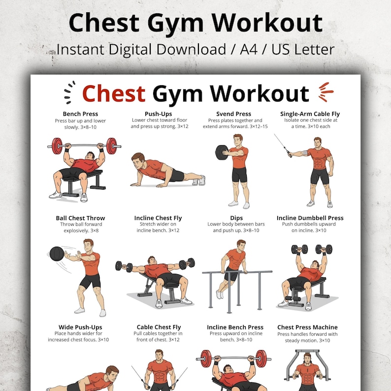 Chest Gym Workout Poster, Dumbbell & Bench Workout, Chest Exercises ...