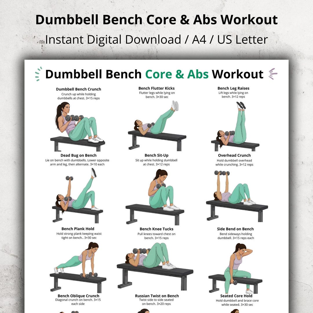 Dumbbell Bench Core and Abs Exercise Poster – Abdominal and Core ...