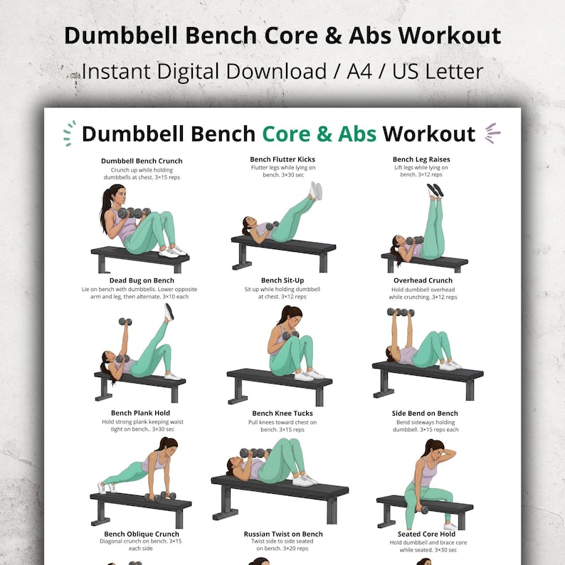 Dumbbell Bench Core and Abs Exercise Poster – Abdominal and Core ...