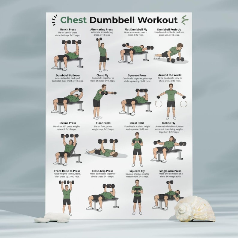 Chest Dumbbell Workout Poster, Upper Body Exercise Chart for Home Gym ...