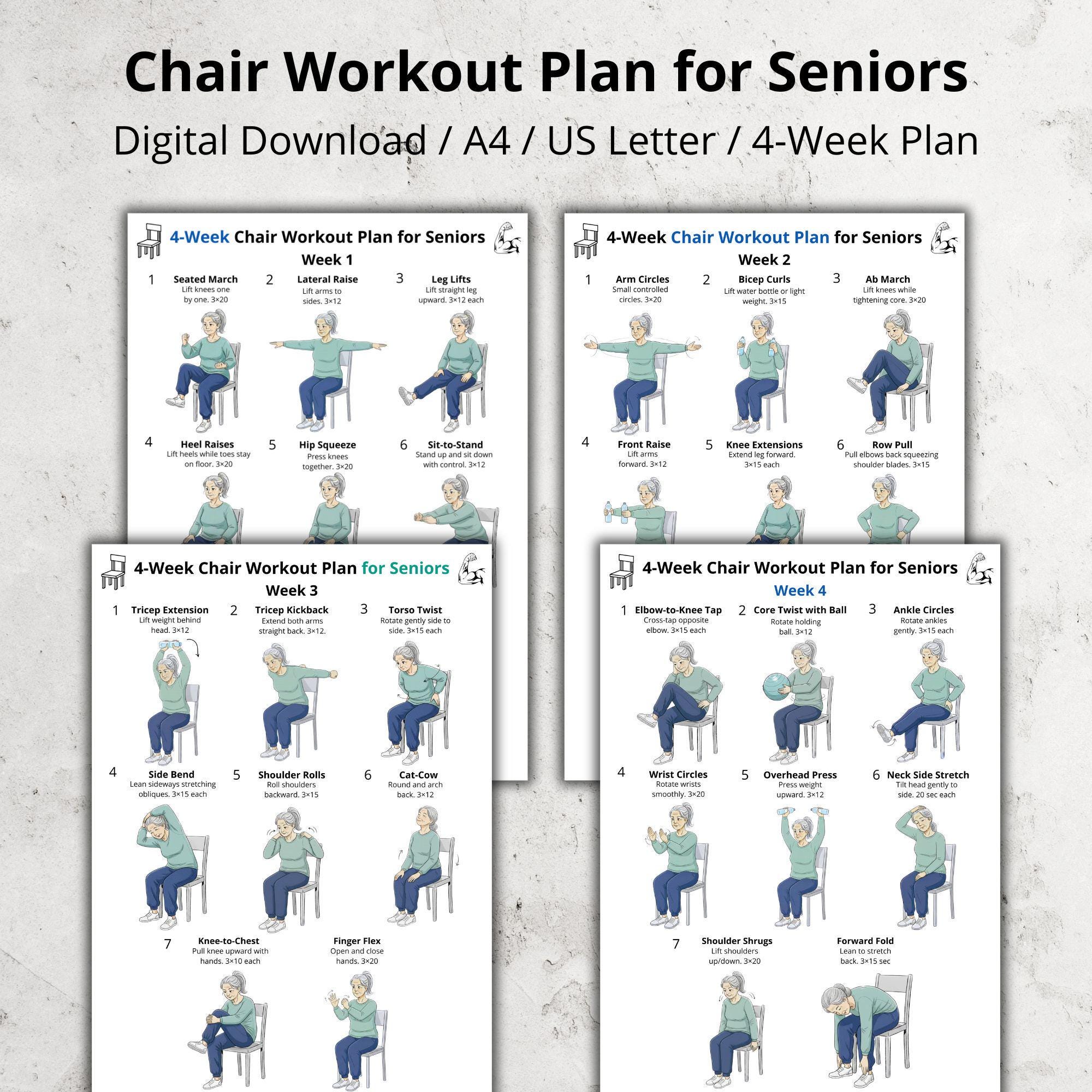 Chair Workout for Seniors, 4 Week Chair Exercise Chart Printable ...
