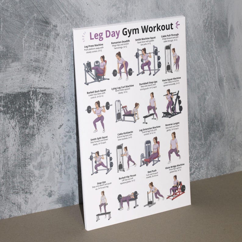 Leg Day Gym Workout Poster, Lower Body Workout Chart Printable, Glutes ...