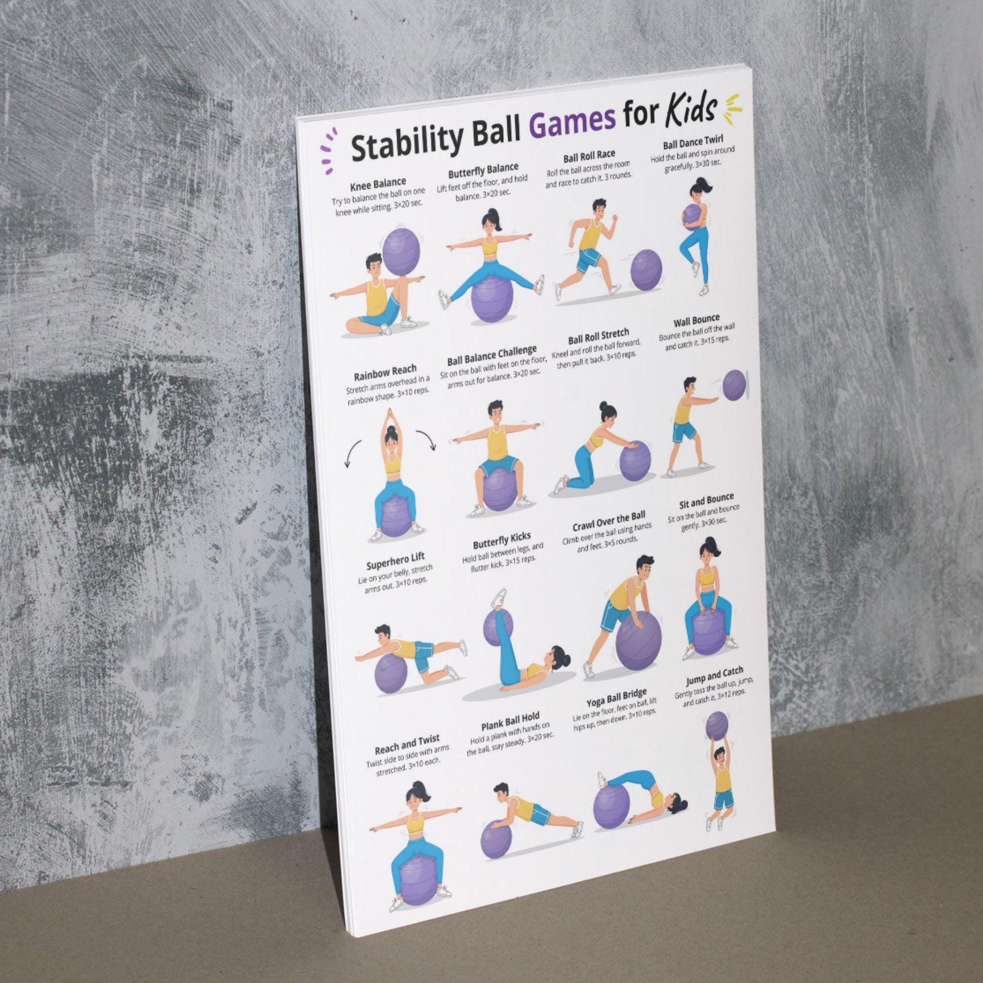 Stability Ball Games for Kids Poster, Exercise Ball Activities Chart ...