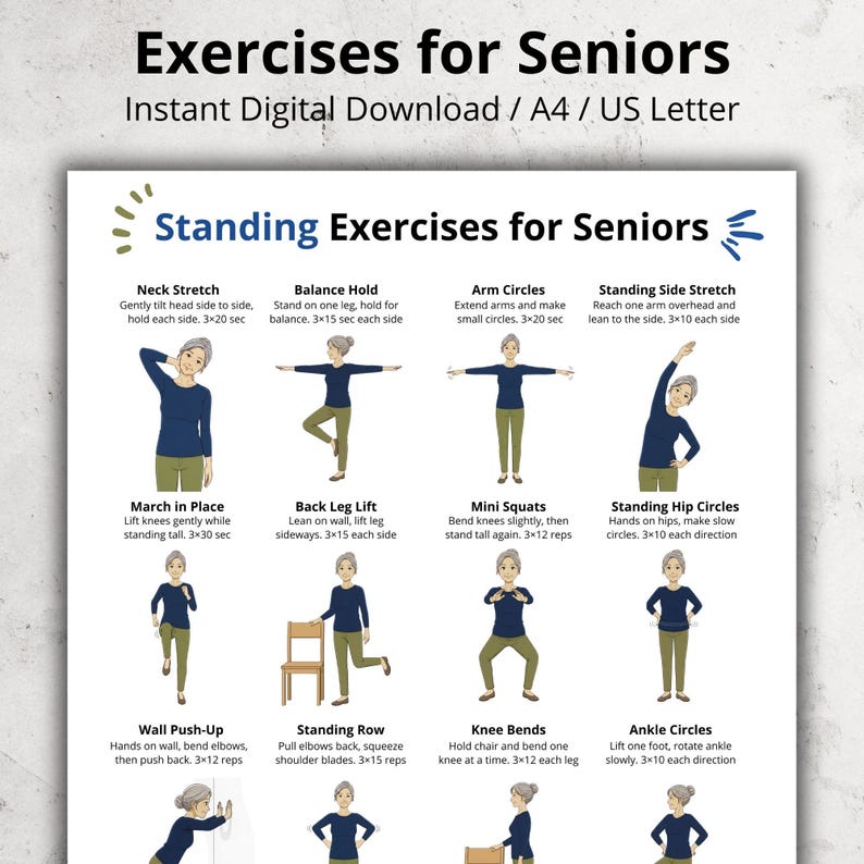 Standing Exercises for Seniors Printable | Gentle Balance Workout Chart ...