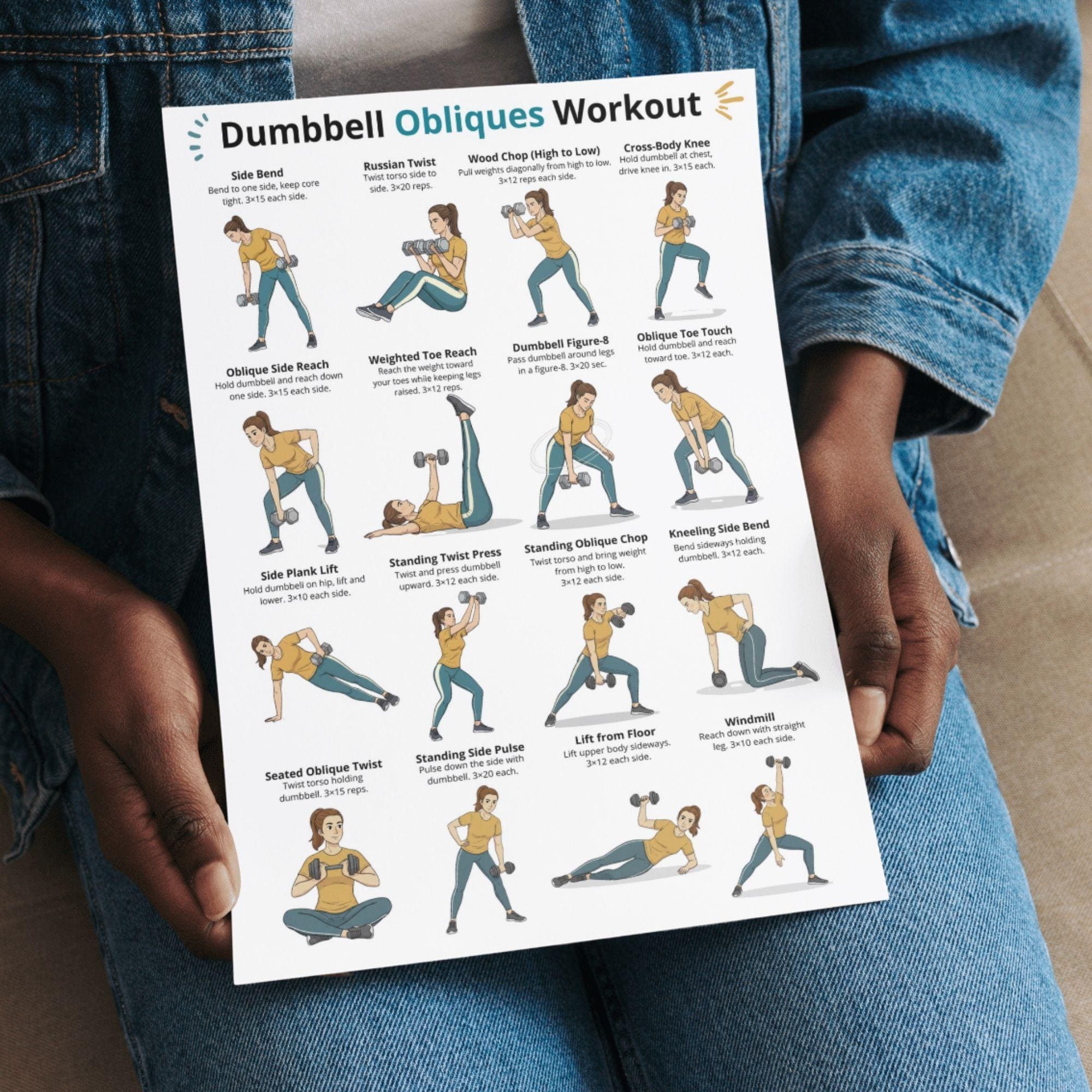 Dumbbell Obliques Workout Poster, Dumbbell Core Exercises Printable ...