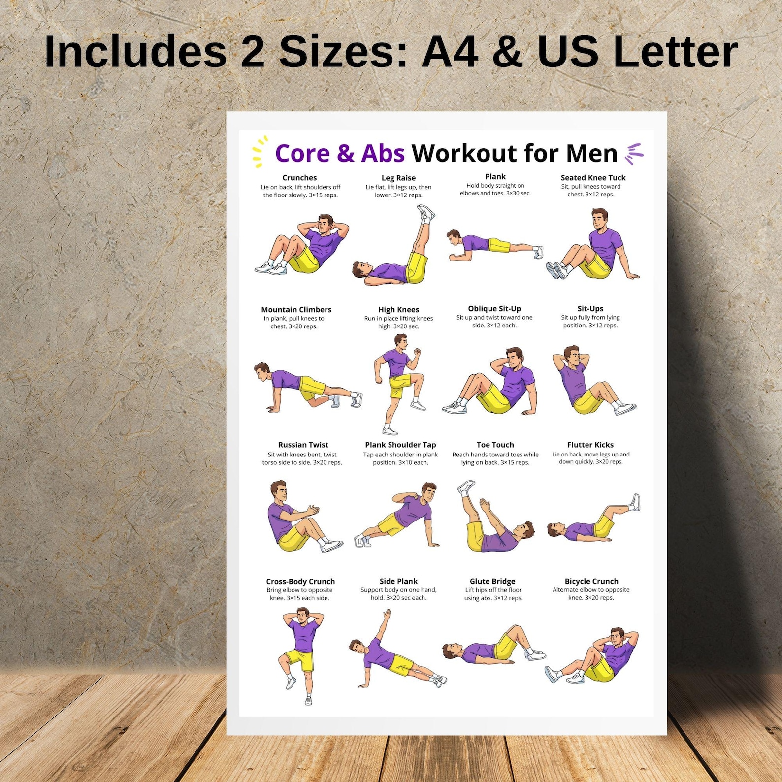 Core & Abs Workout for Men Printable Poster, Ab Exercise Chart PDF, Home Gym Wall Art Decor ...