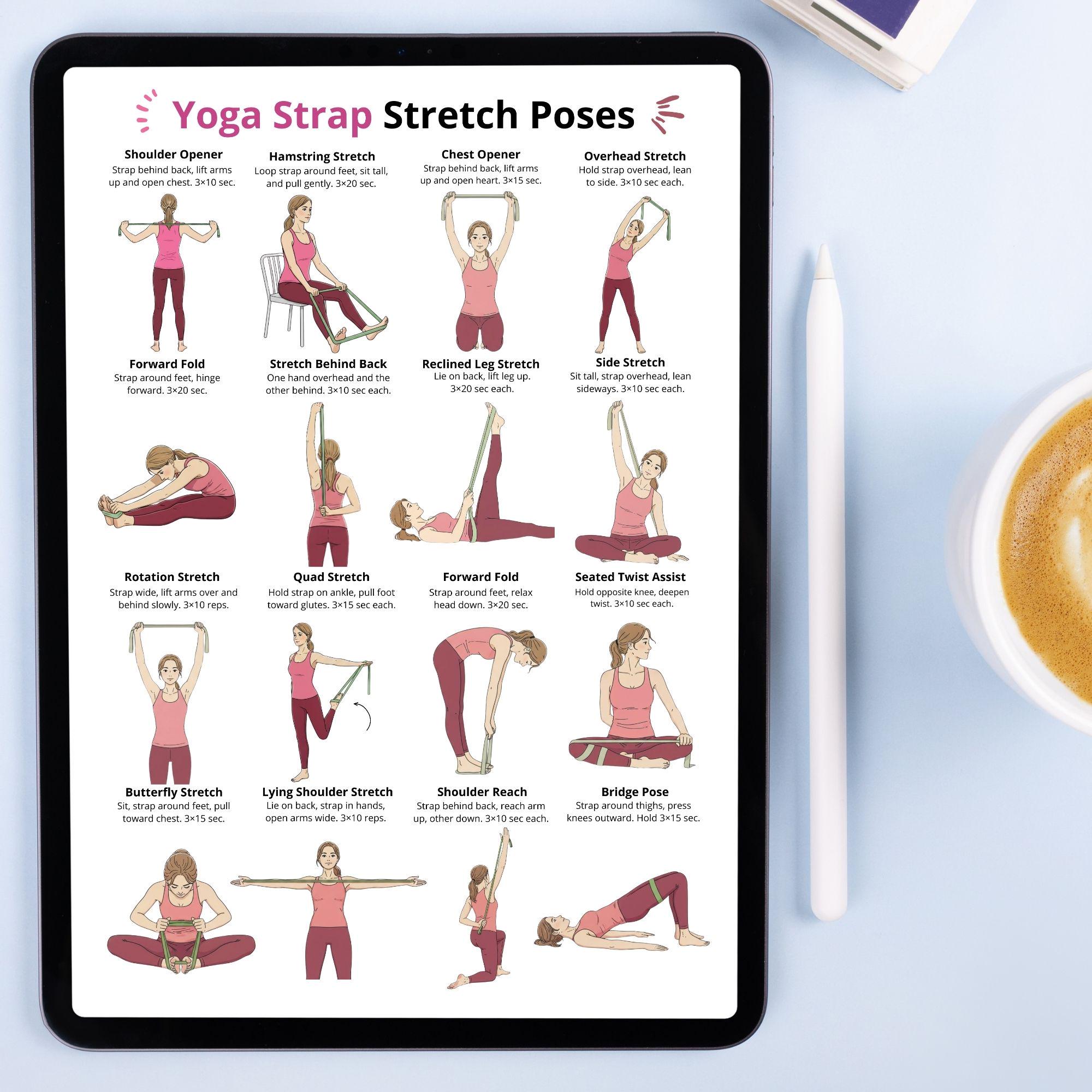 Yoga Strap Stretch Poses Chart Printable, Yoga Prop Wall Art, Yoga ...