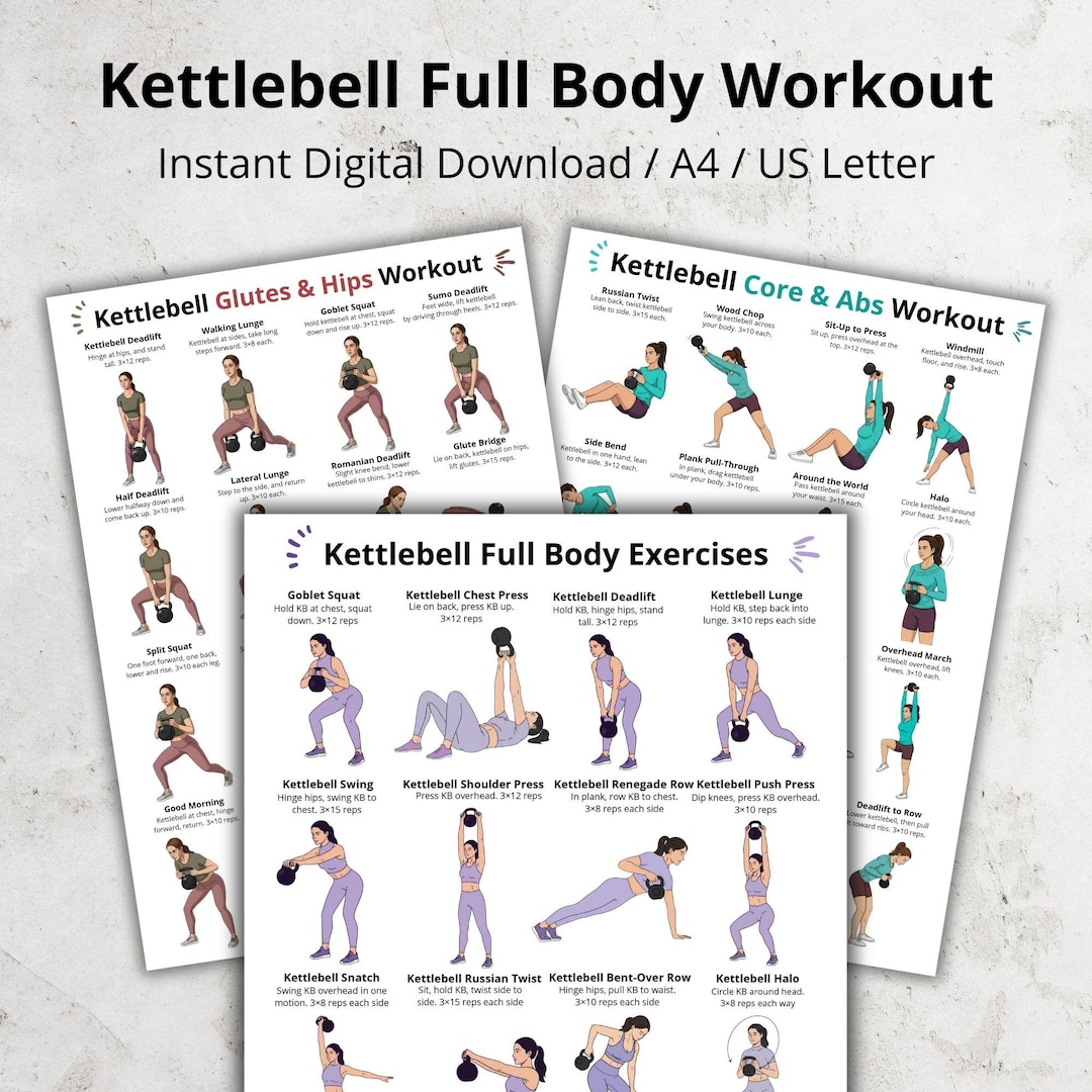 Kettlebell Workout Set, Full Body Kettlebell Exercises, Core Abs Glutes ...