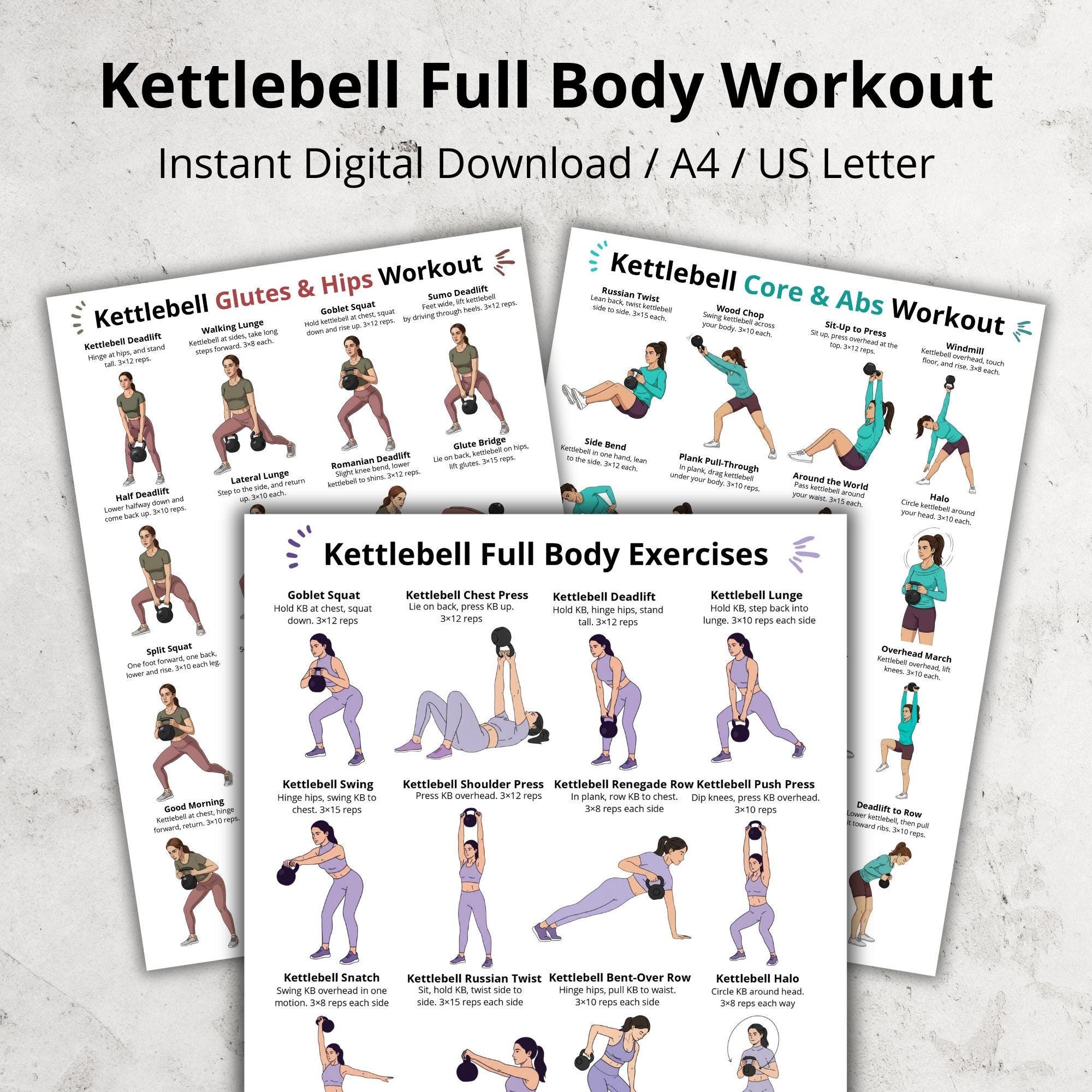 Kettlebell Workout Set, Full Body Kettlebell Exercises, Core Abs Glutes ...