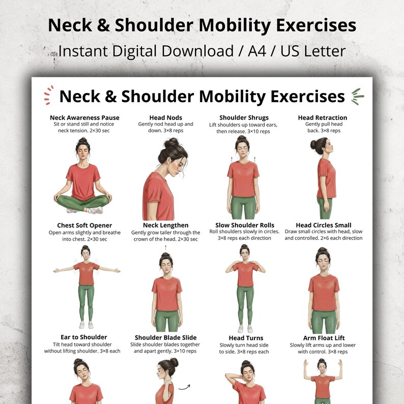 Neck and Shoulder Exercises, Mobility Exercises Poster PDF, Seated and ...