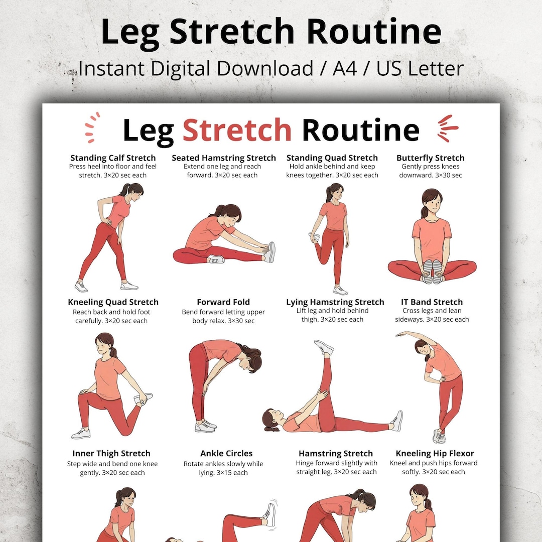 Leg Stretch Routine Printable Poster, Lower Body Stretching Exercises ...