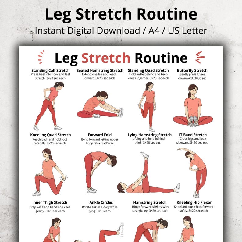 Leg Stretch Routine Printable Poster, Lower Body Stretching Exercises ...