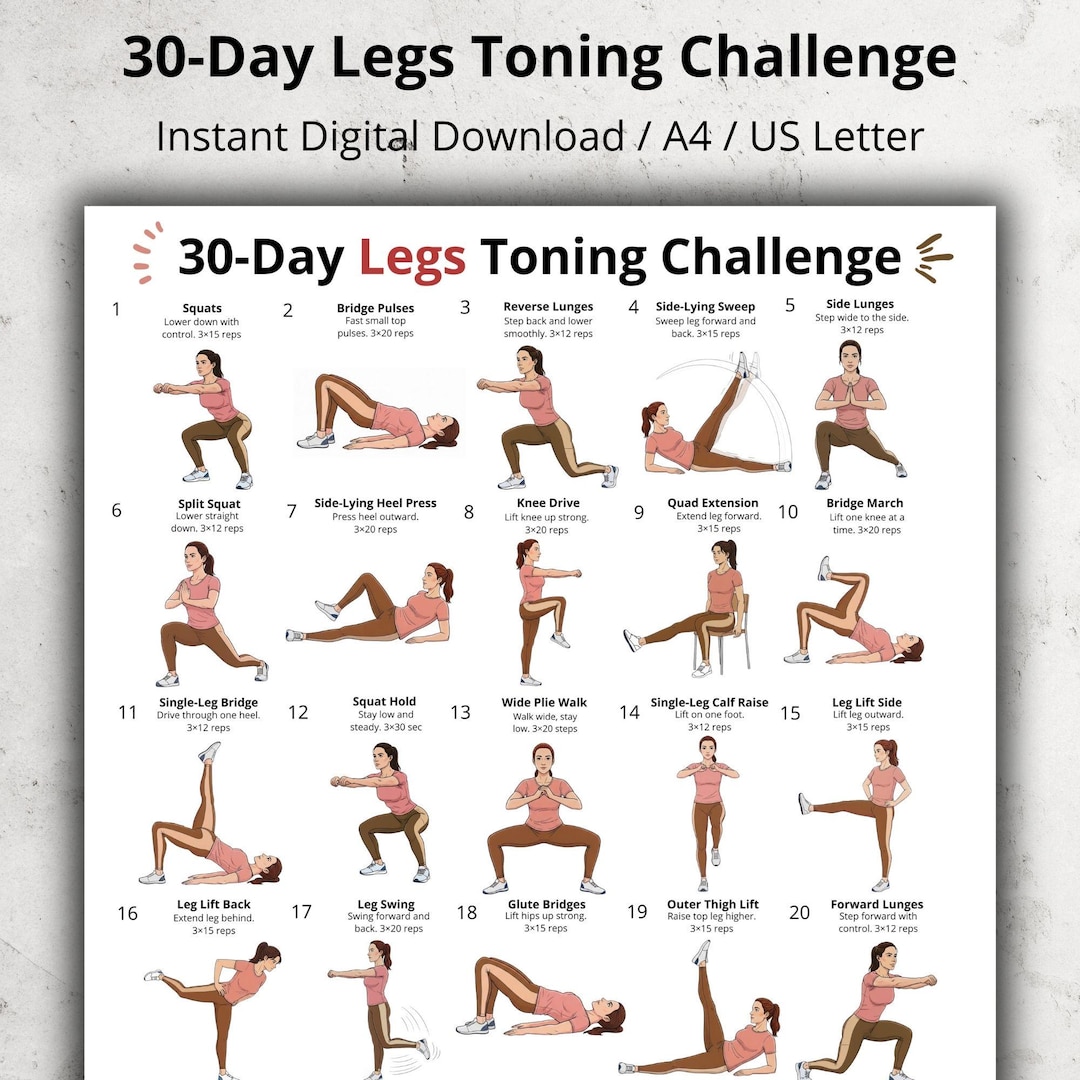 30 Day Leg Challenge Printable, Thigh & Lower Body Workout Chart, Home ...
