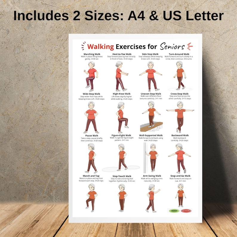 Walking Exercises for Seniors Printable Chart, Indoor Low Impact Home ...