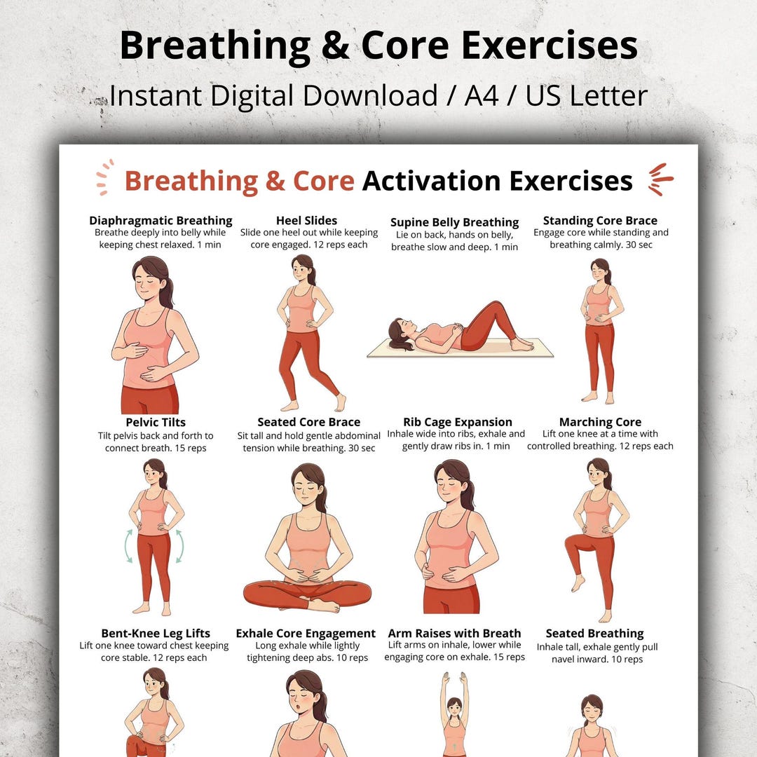 Breathing & Core Exercises, Deep Breathing Workout Poster, Standing and ...
