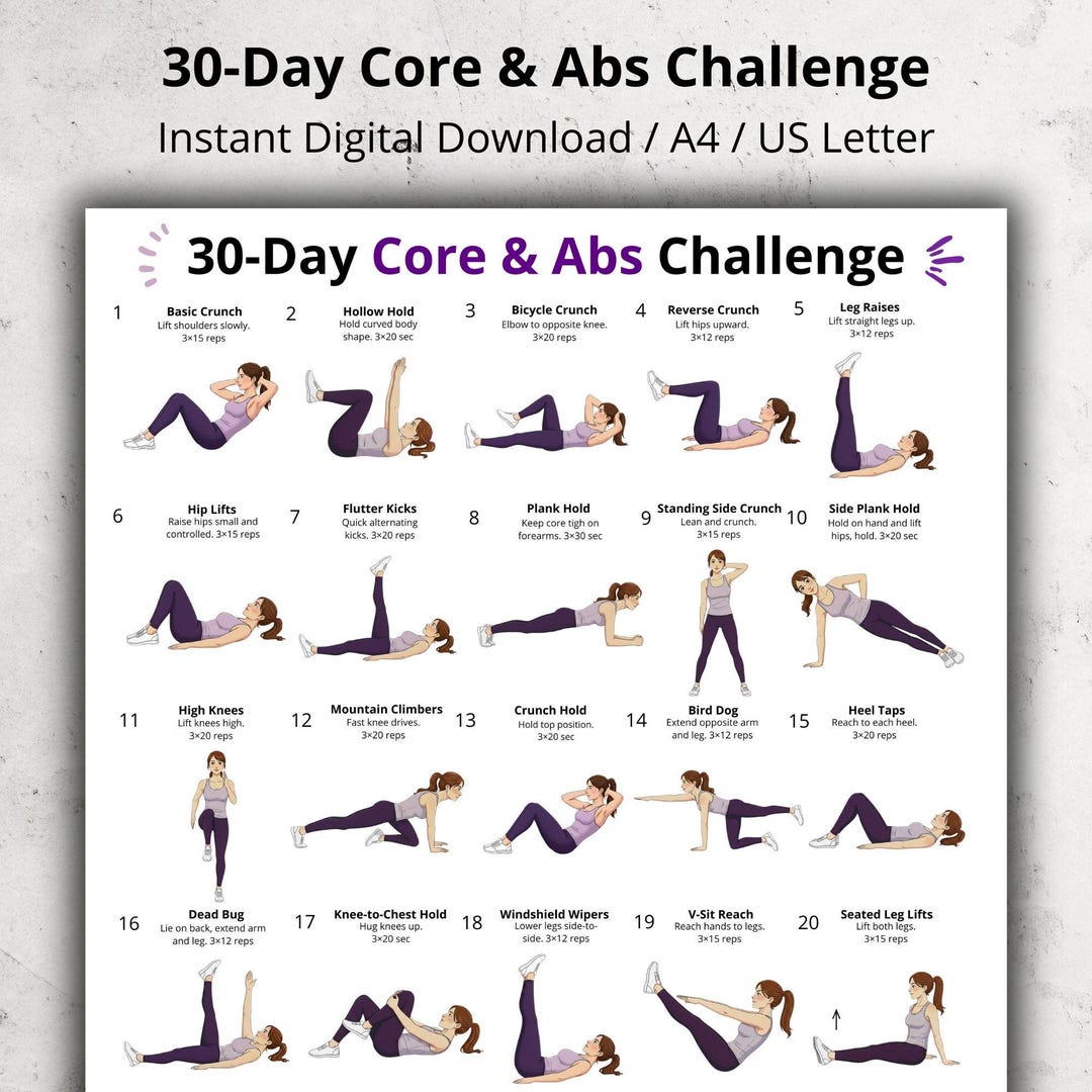 30 Day Core & Abs Challenge Poster, Ab Workout Printable, Core Exercise ...