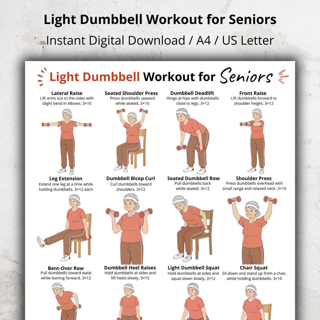 Light Dumbbell Exercises for Seniors Printable Poster, Chair & Seated ...