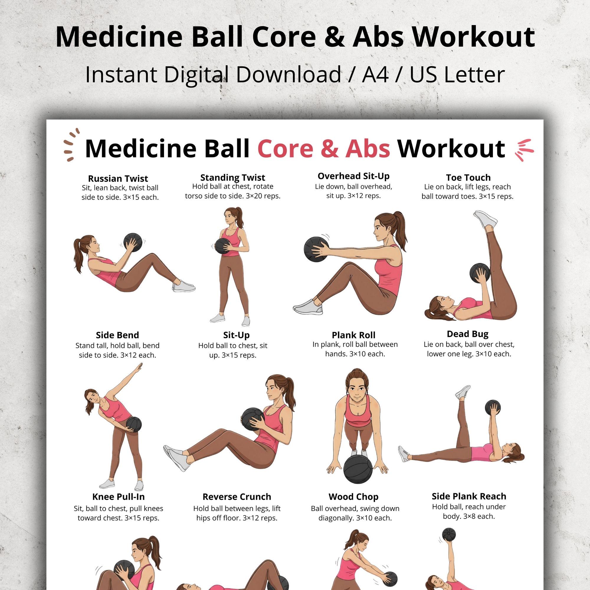 Medicine Ball Core & Abs Workout Poster, Oblique Exercise Chart, Home ...