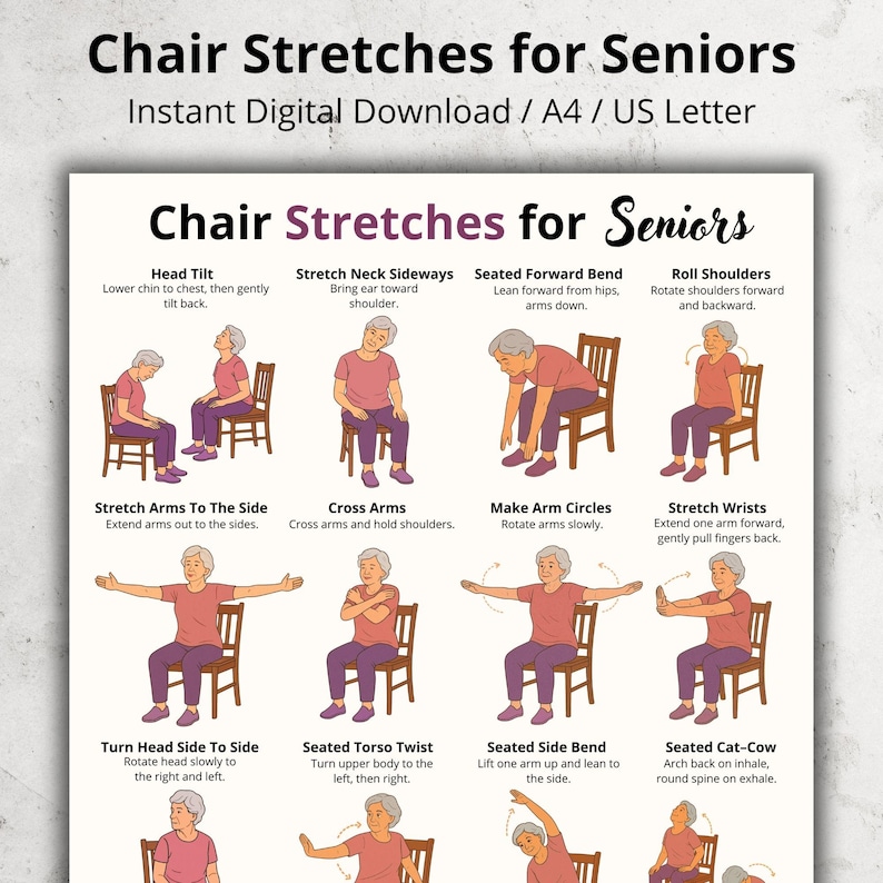 Chair Stretches for Seniors, Printable Seated Stretch Chart, Gentle ...