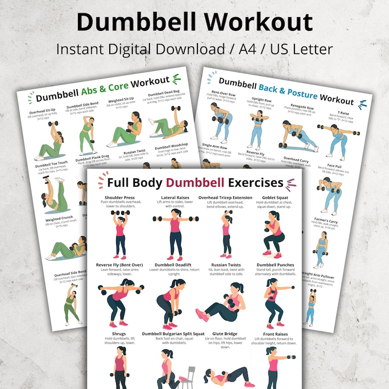 Dumbbell Workout Poster Set Printable, Full Body, Abs & Core, Back and ...