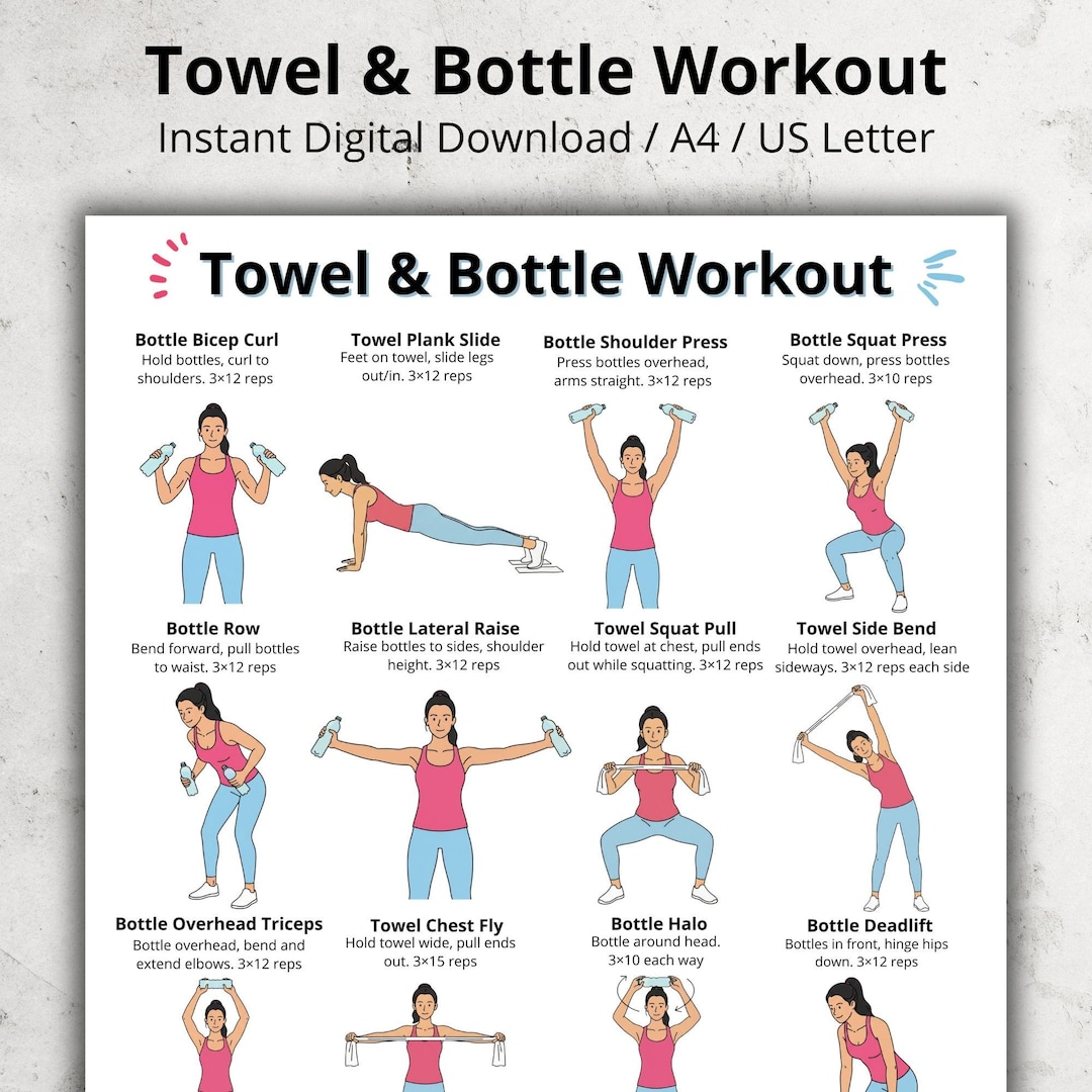 Towel & Bottle Home Workout Poster | Beginner No Equipment Exercises ...