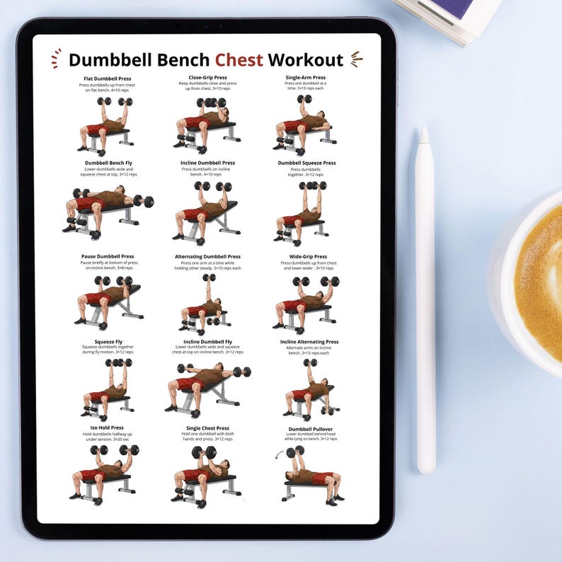 Dumbbell Bench Chest Exercises Poster – Dumbbell Chest Workout on Flat ...