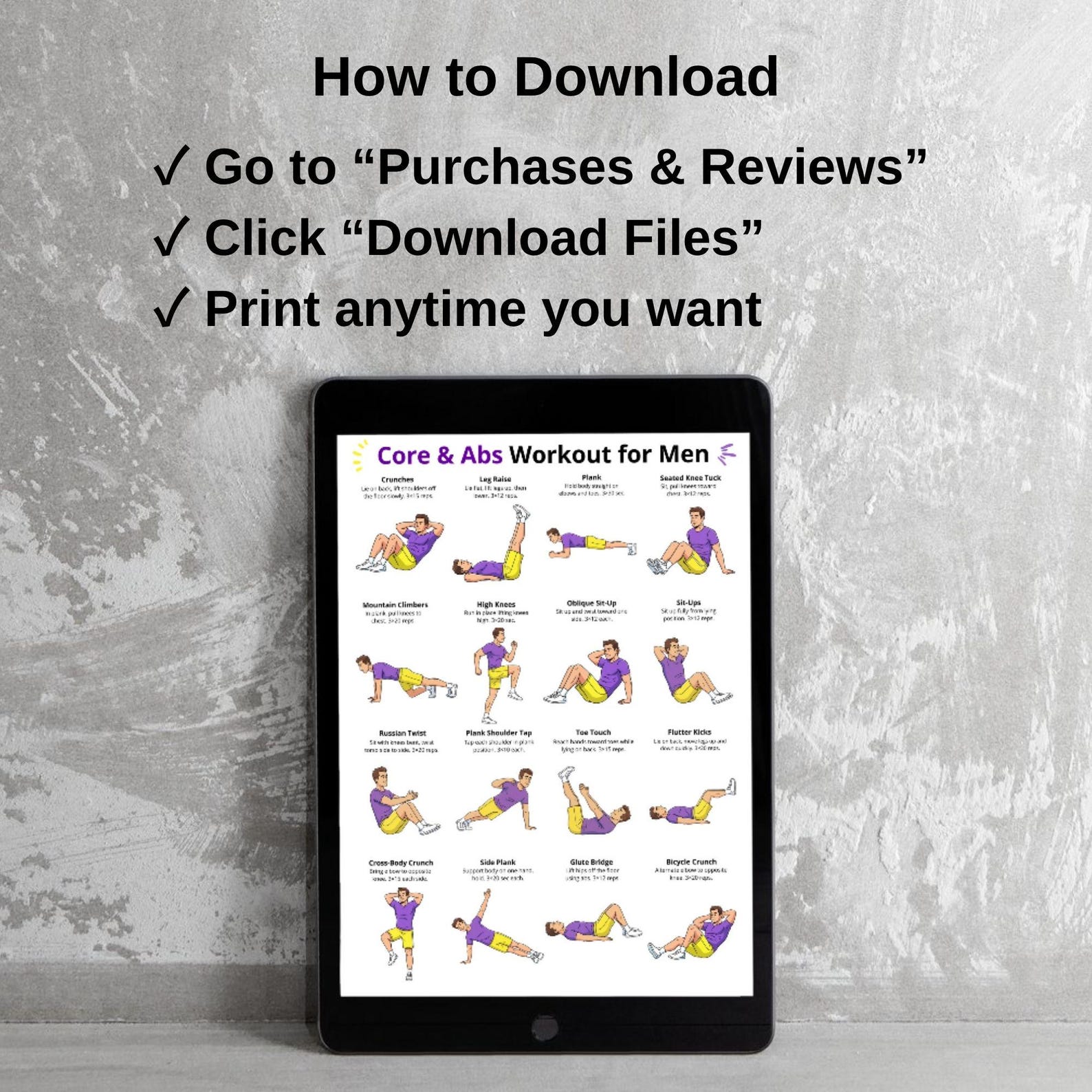 Core & Abs Workout for Men Printable Poster, Ab Exercise Chart PDF ...