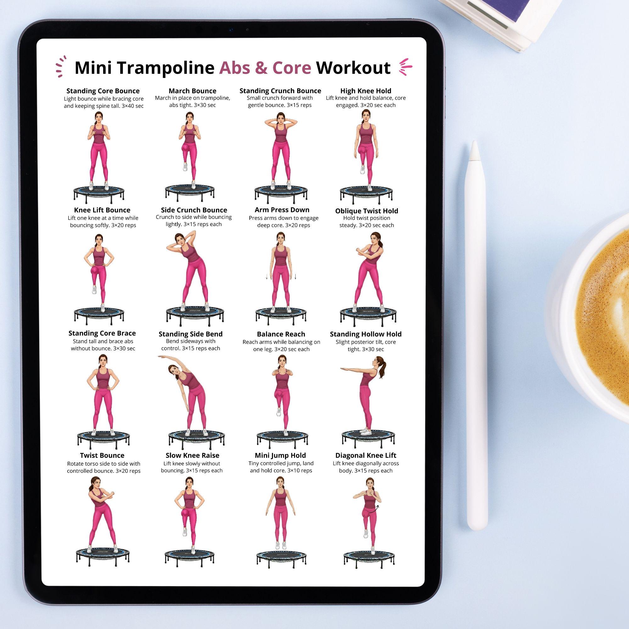 Mini Trampoline Core & Abs Exercises Poster, Trampoline Ab Workout ...