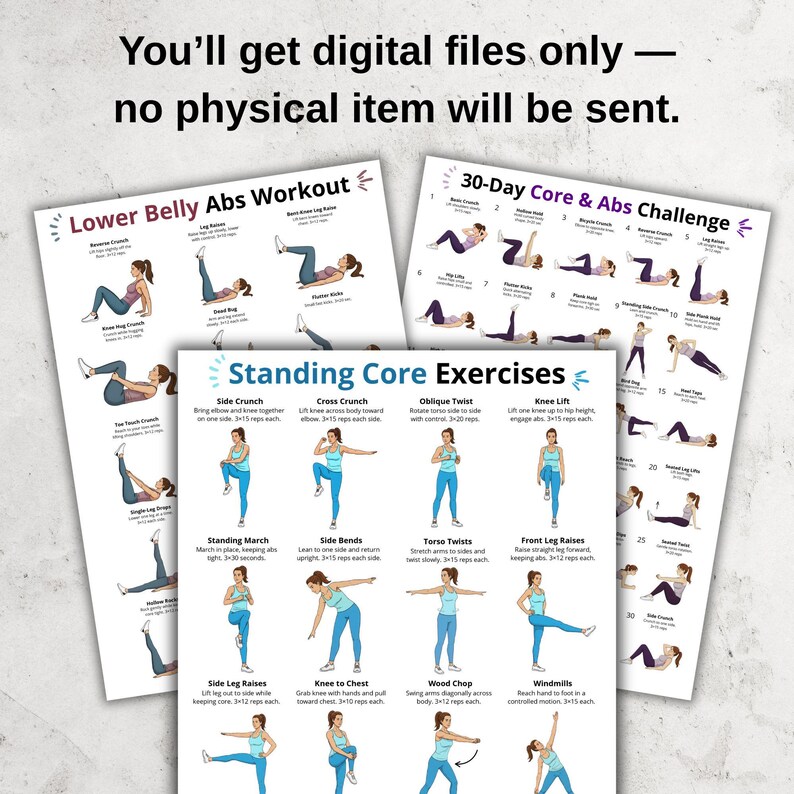 Core & Abs Workout Charts Set, Standing Core Exercises, Lower Belly Abs ...