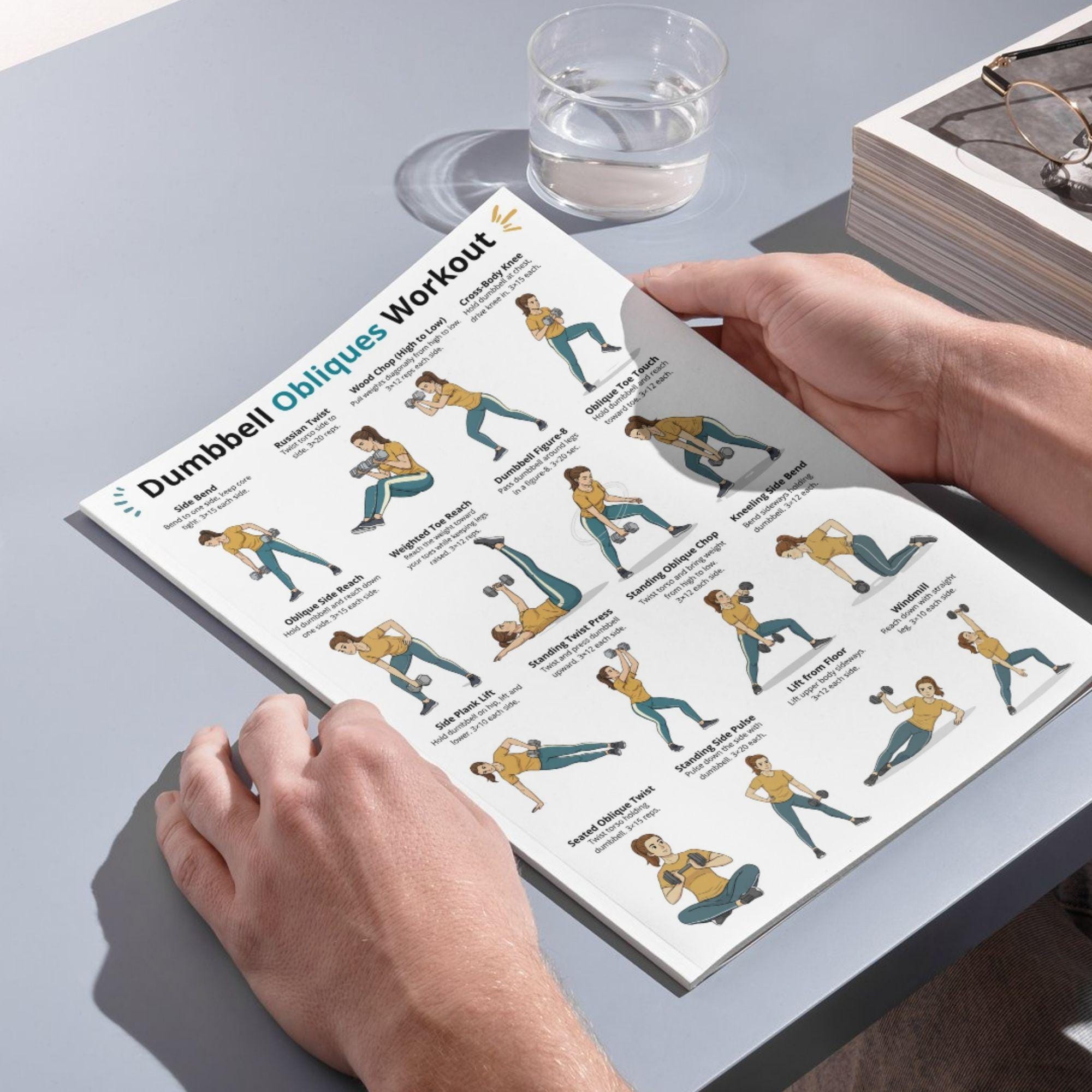 Dumbbell Obliques Workout Poster, Dumbbell Core Exercises Printable ...